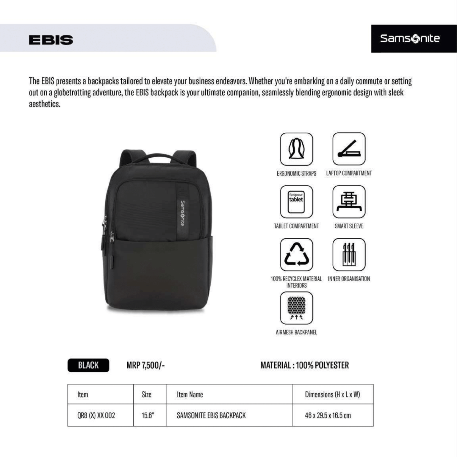 Samsonite Ebis Laptop Backpack | Bags | Merch Story